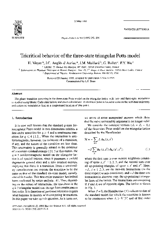 (PDF) Tricritical behavior of the three-state triangular Potts model