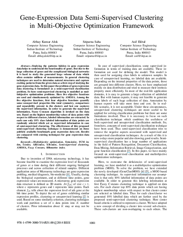 Pdf Gene Expression Data Semi Supervised Clustering In Multi Objective Optimization Framework