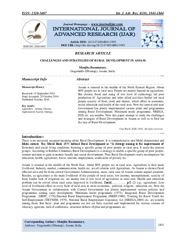 (PDF) CHALLENGES AND STRATEGIES OF RURAL DEVELOPMENT IN ASSAM