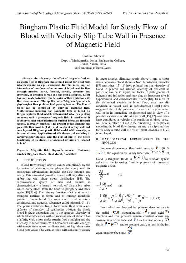 (PDF) Bingham Plastic Fluid Model for Steady Flow of Blood with ...