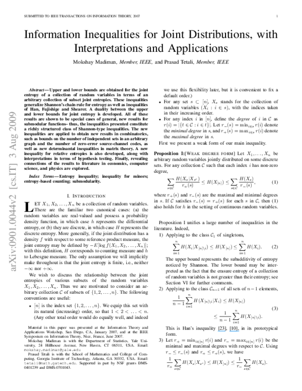 (PDF) Information Inequalities for Joint Distributions, With Interpretations and Applications