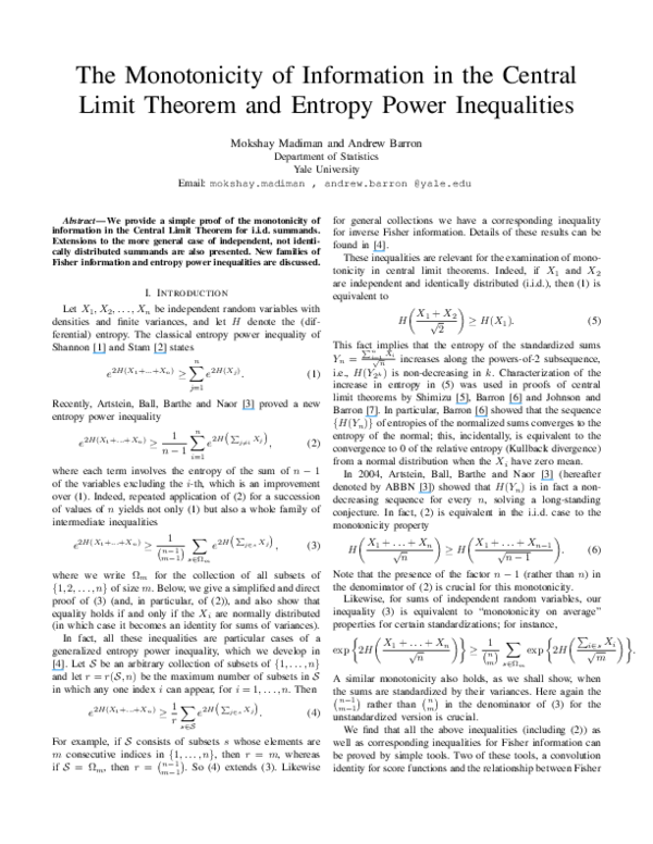 (PDF) The Monotonicity of Information in the Central Limit Theorem and ...