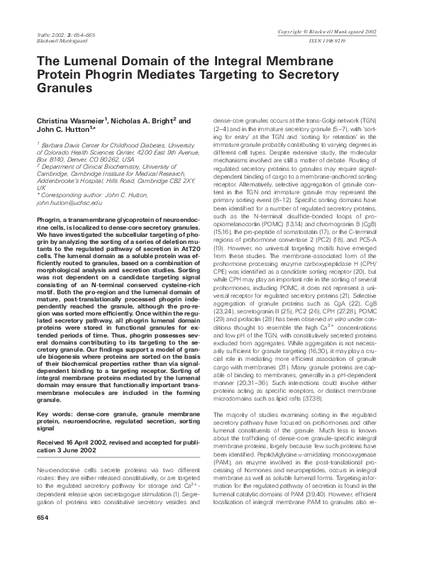 (PDF) The Lumenal Domain of the Integral Membrane Protein Phogrin ...
