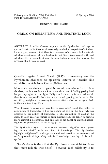 (PDF) Greco on Reliabilism and Epistemic Luck