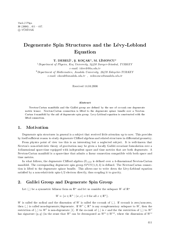 (PDF) Degenerate Spin Structures and the Levy-Leblond Equation