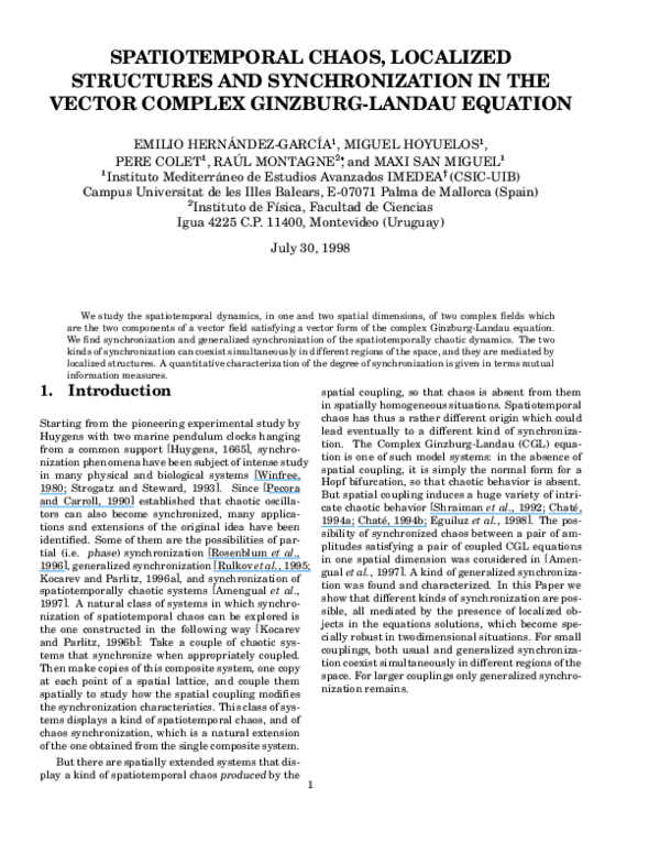 Pdf Spatiotemporal Chaos Localized Structures And Synchronization In