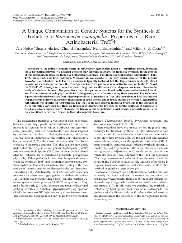 (PDF) Genetic Pathways for Trehalose Synthesis in Rubrobacter xylanophilus