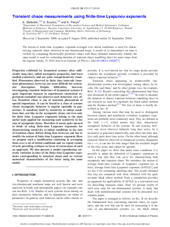 (PDF) Transient chaos measurements using finite-time Lyapunov exponents