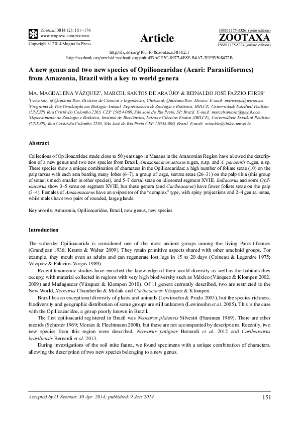 (PDF) A new genus and two new species of Opilioacaridae (Acari ...