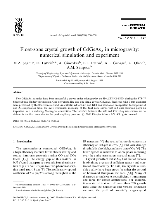 (PDF) Float-zone crystal growth of CdGeAs2 in microgravity: numerical simulation and experiment