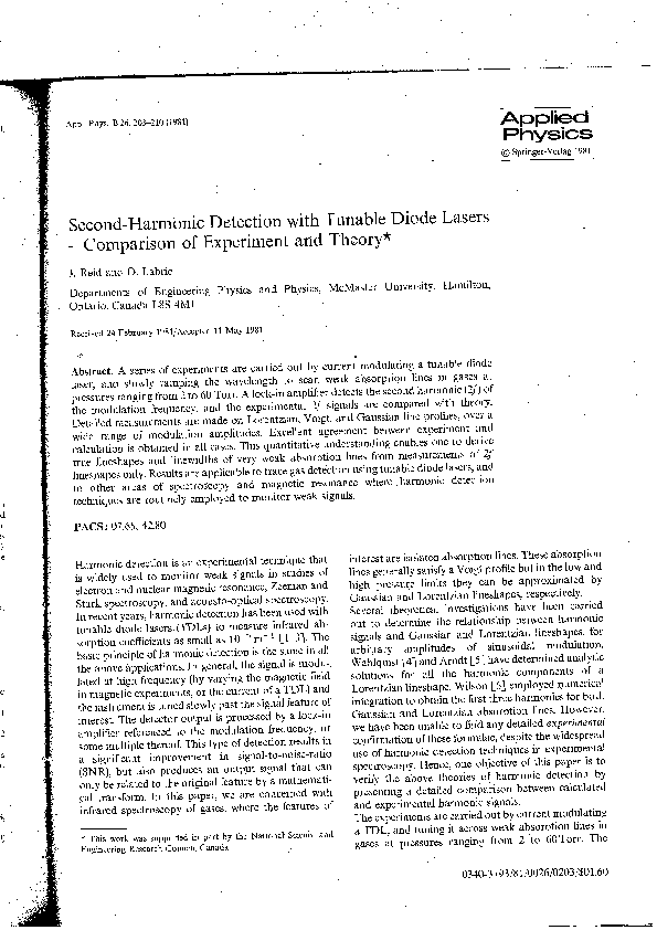 (PDF) Second-harmonic detection with tunable diode lasers ? Comparison of experiment and theory