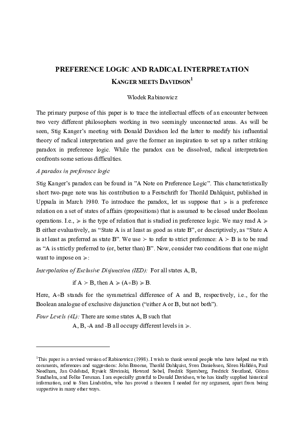 (PDF) Preference Logic and Radical Interpretation: Kanger meets Davidson