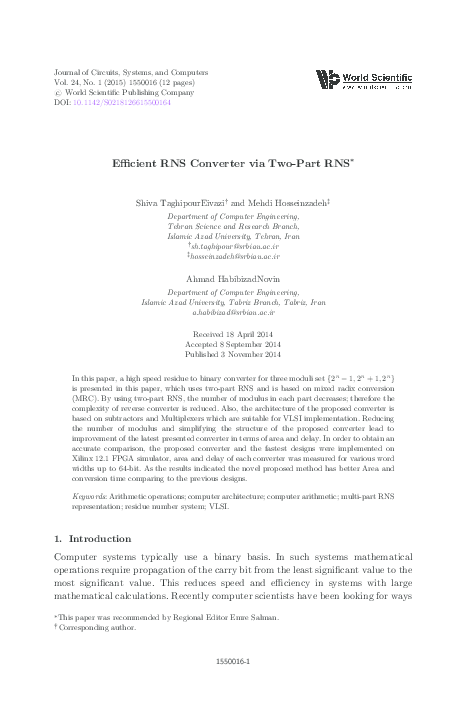 (PDF) Efficient RNS Converter via Two-Part RNS