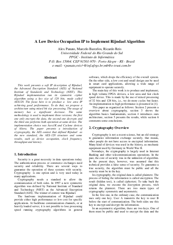 (PDF) A Low Device Occupation IP to Implement Rijndael Algorithm