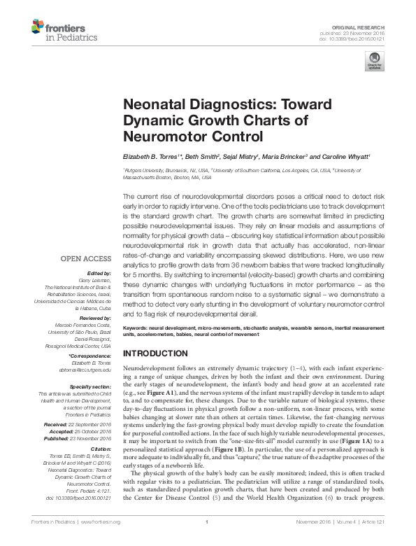 Neonatal Diagnostics: Toward Dynamic growth charts of neuromotor control
