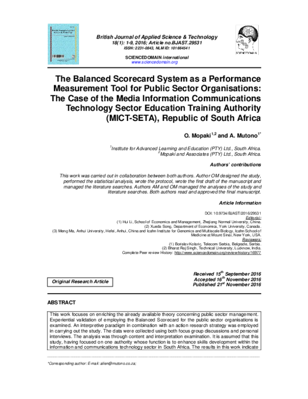 (PDF) The Balanced Scorecard System as a Performance Measurement Tool ...