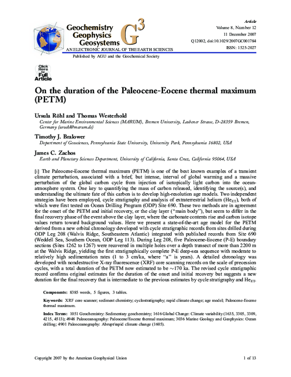 (PDF) On the duration of the Paleocene-Eocene thermal maximum (PETM)
