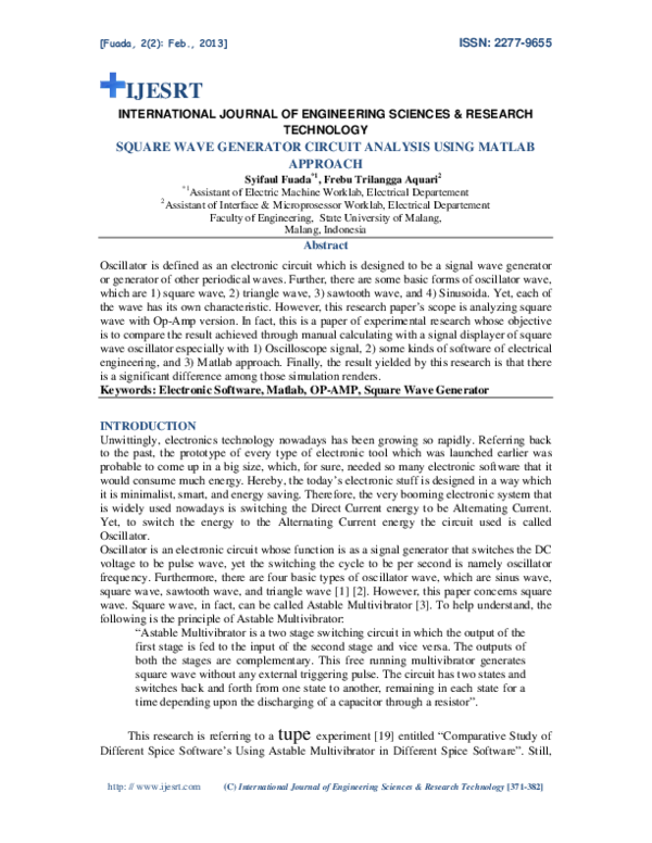 Pdf Square Wave Generator Circuit Analysis Using Matlab Approach