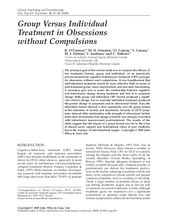 (PDF) Group versus individual treatment in obsessions without compulsions