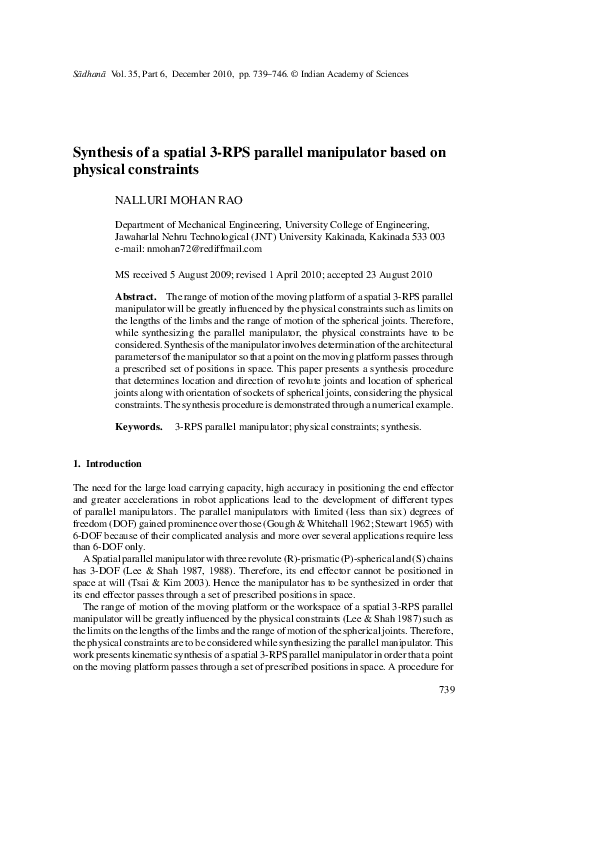 (PDF) Synthesis of a spatial 3-RPS parallel manipulator based on physical constraints using ...