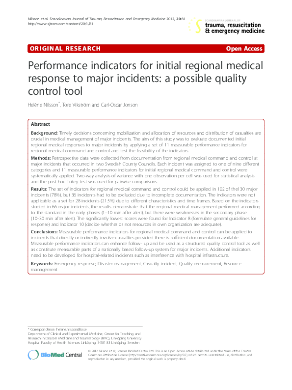 (PDF) Performance indicators for initial regional medical response to ...