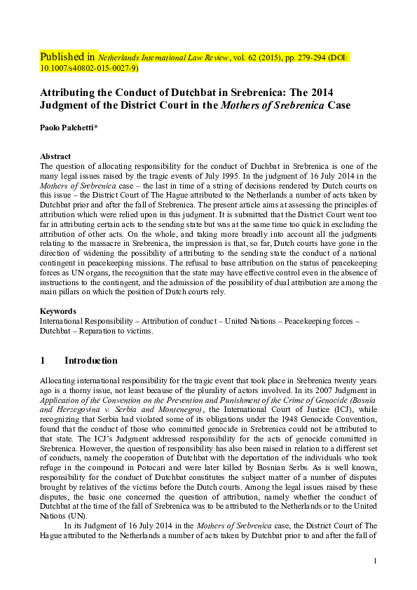 (DOC) Attributing the Conduct of Dutchbat in Srebrenica: The 2014 ...