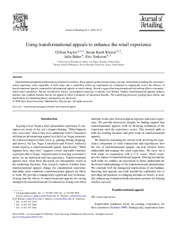 (PDF) Using transformational appeals to enhance the retail experience