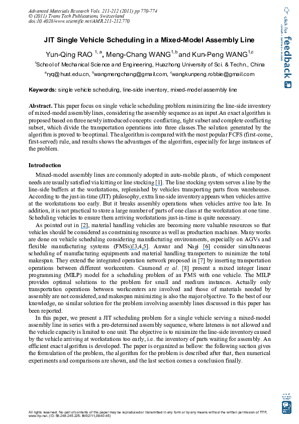 Pdf Jit Single Vehicle Scheduling In A Mixed Model Assembly Line 6569