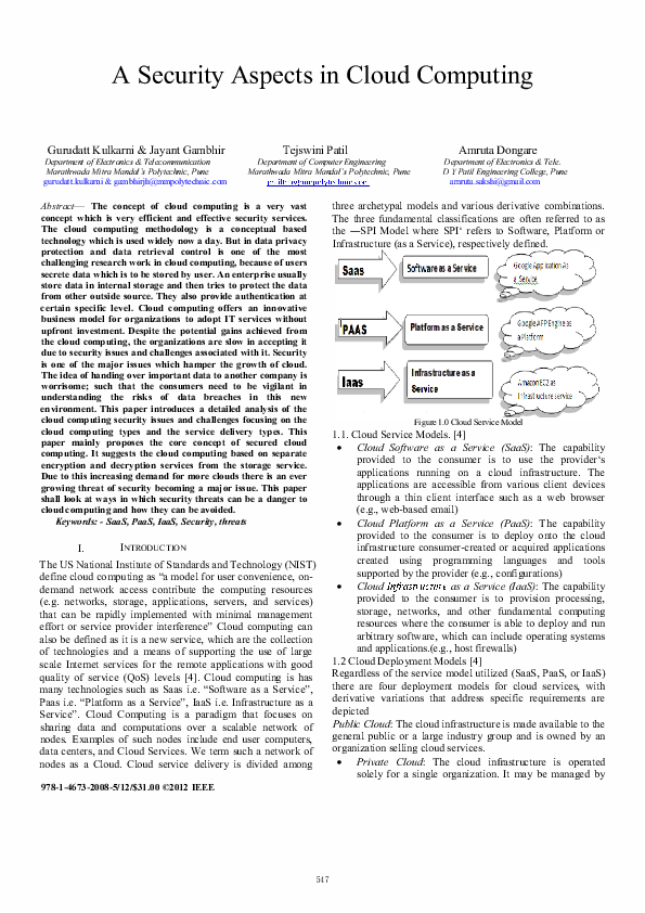 Pdf A Security Aspects In Cloud Computing