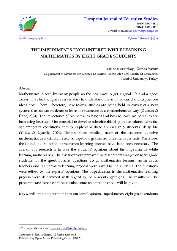 (PDF) THE IMPEDIMENTS ENCOUNTERED WHILE LEARNING MATHEMATICS BY EIGHT ...