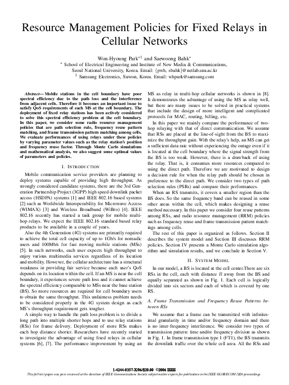 (PDF) Resource management policies for fixed relays in cellular networks