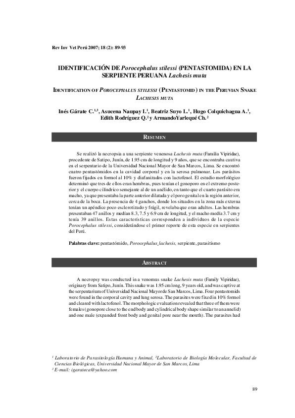 (PDF) Identificación de Porocephalus stilessi (Pentastomida) en la ...
