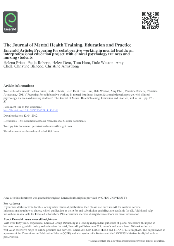 (PDF) Preparing for collaborative working in mental health: an ...