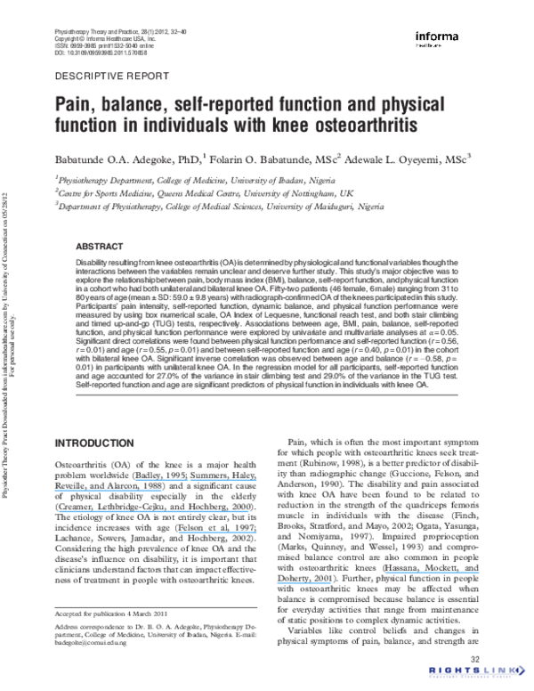 (PDF) Pain, balance, self-reported function and physical function in ...