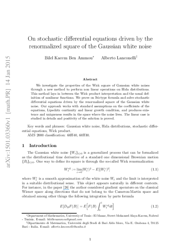 Pdf On Stochastic Differential Equations Driven By The Renormalized Square Of The Gaussian