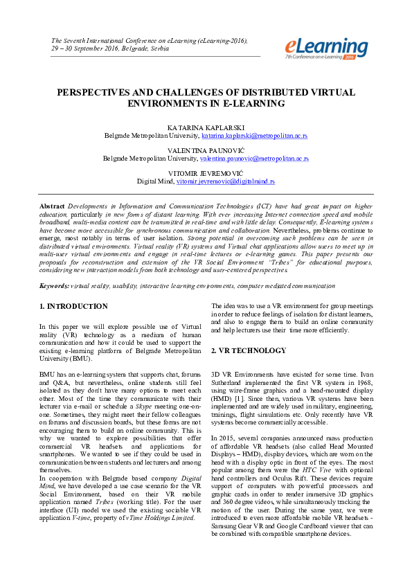 Pdf Perspectives And Challenges Of Distributed Virtual Environments In E Learning
