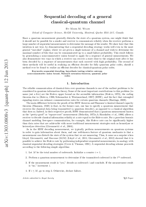 (PDF) Sequential decoding of a general classical-quantum channel