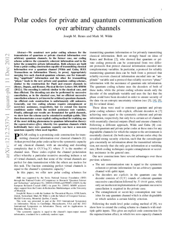 (PDF) Polar codes for private and quantum communication over arbitrary channels