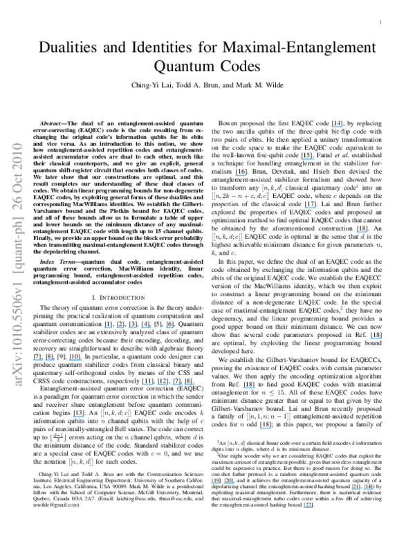 (PDF) Dualities and Identities for Maximal-Entanglement Quantum Codes