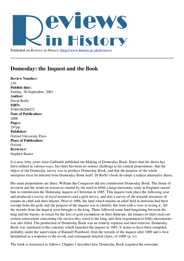 (PDF) Review of David Roffe, Domesday: the Inquest and the Book