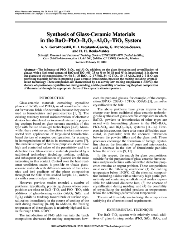 (PDF) Synthesis of Glass-Ceramic Materials in the BaO–PbO–B2O3–Al2O3 ...