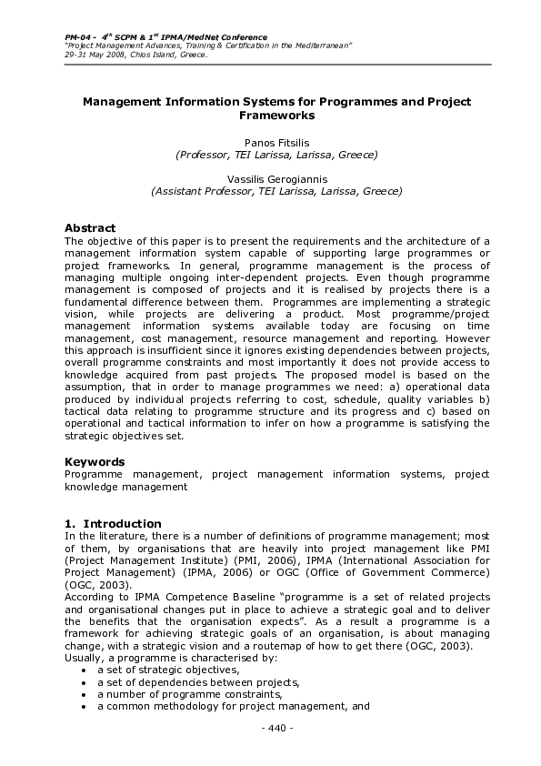 (PDF) Management Information Systems for Programmes and Project Frameworks