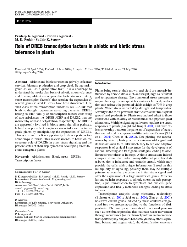(PDF) Role of DREB transcription factors in abiotic and biotic stress tolerance in plants