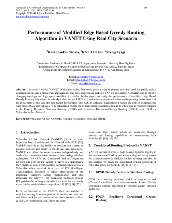 Pdf Performance Of Modified Edge Based Greedy Routing Algorithm In Vanet Using Real City Scenario