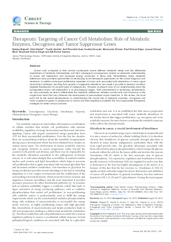 (PDF) Therapeutic Targeting of Cancer Cell Metabolism: Role of Metabolic Enzymes, Oncogenes and ...