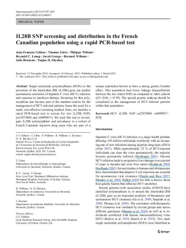 (PDF) IL28B SNP screening and distribution in the French Canadian ...