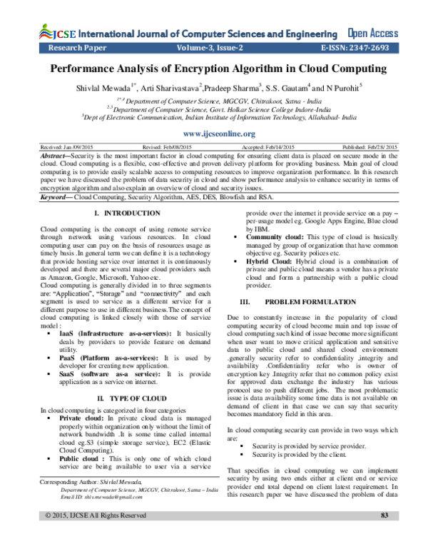 Pdf Performance Analysis Of Encryption Algorithm In Cloud Computing Dr Shivlal Mewada