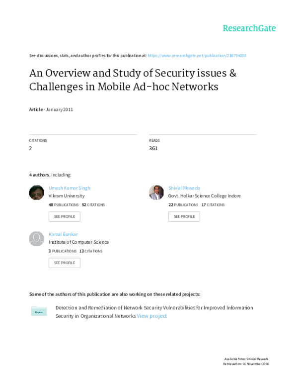 (PDF) An Overview and Study of Security issues Challenges in Mobile Ad hoc Networks