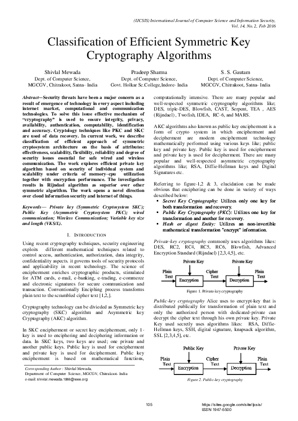 Pdf Classification Of Efficient Symmetric Key Cryptography Algorithms Dr Shivlal Mewada