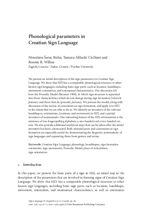 (PDF) Phonological parameters in Croatian Sign Language